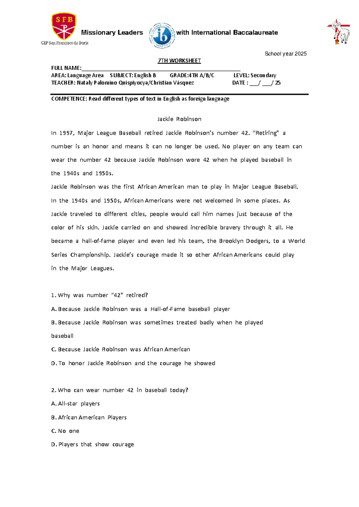 Missionary Leaders with IB School Year 2025: Reading Sports Worksheet 2 ...