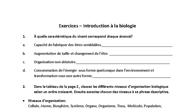 Exercices de Biologie 1 : Caractéristiques du Vivant et Niveaux ...