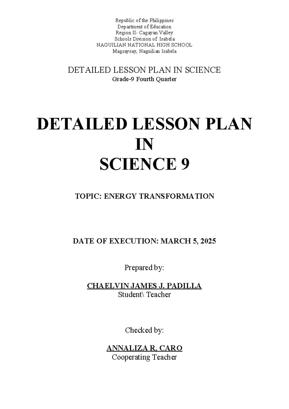 Detailed Lesson Plan in Science 9: Energy Transformation (Fourth ...