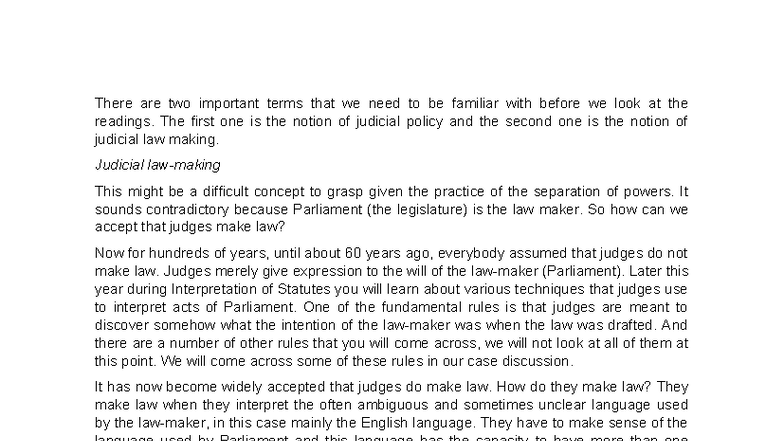 Judicial Policy and Law-Making: Insights from Week 1 Readings (LAW101 ...