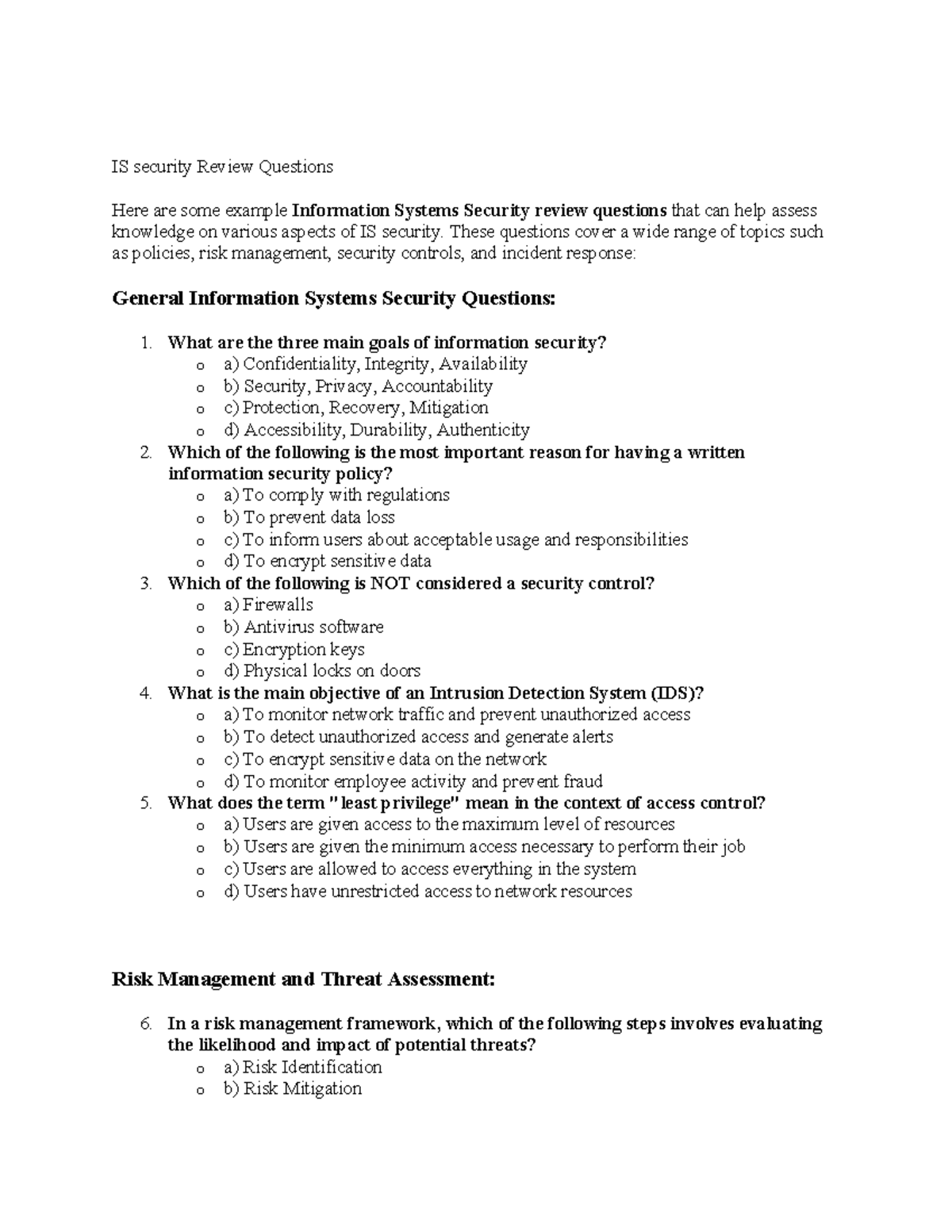 IS security Review Questions - These questions cover a wide range of topics such as policies ...