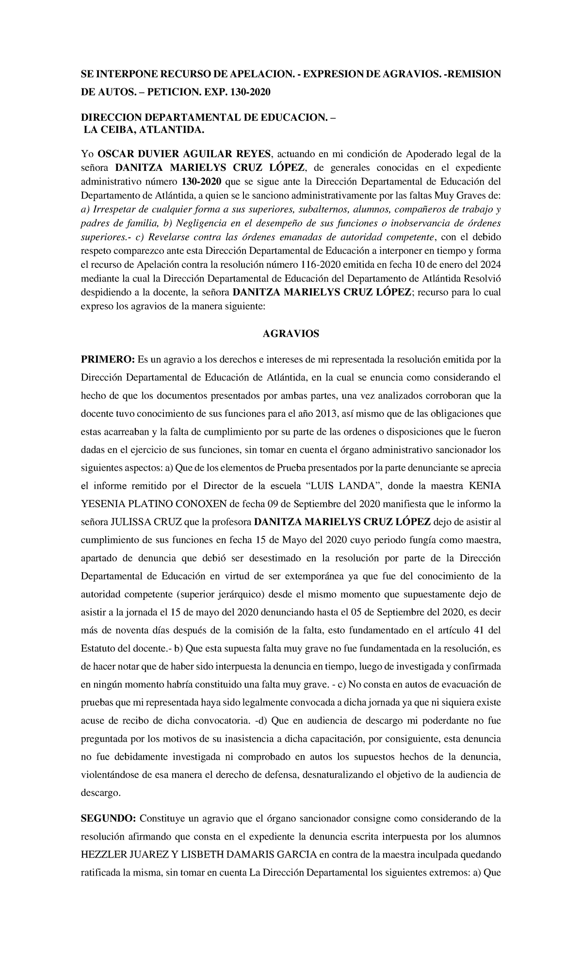 Recurso de Apelación Administrativa - Caso Danitza Marielys Cruz López ...