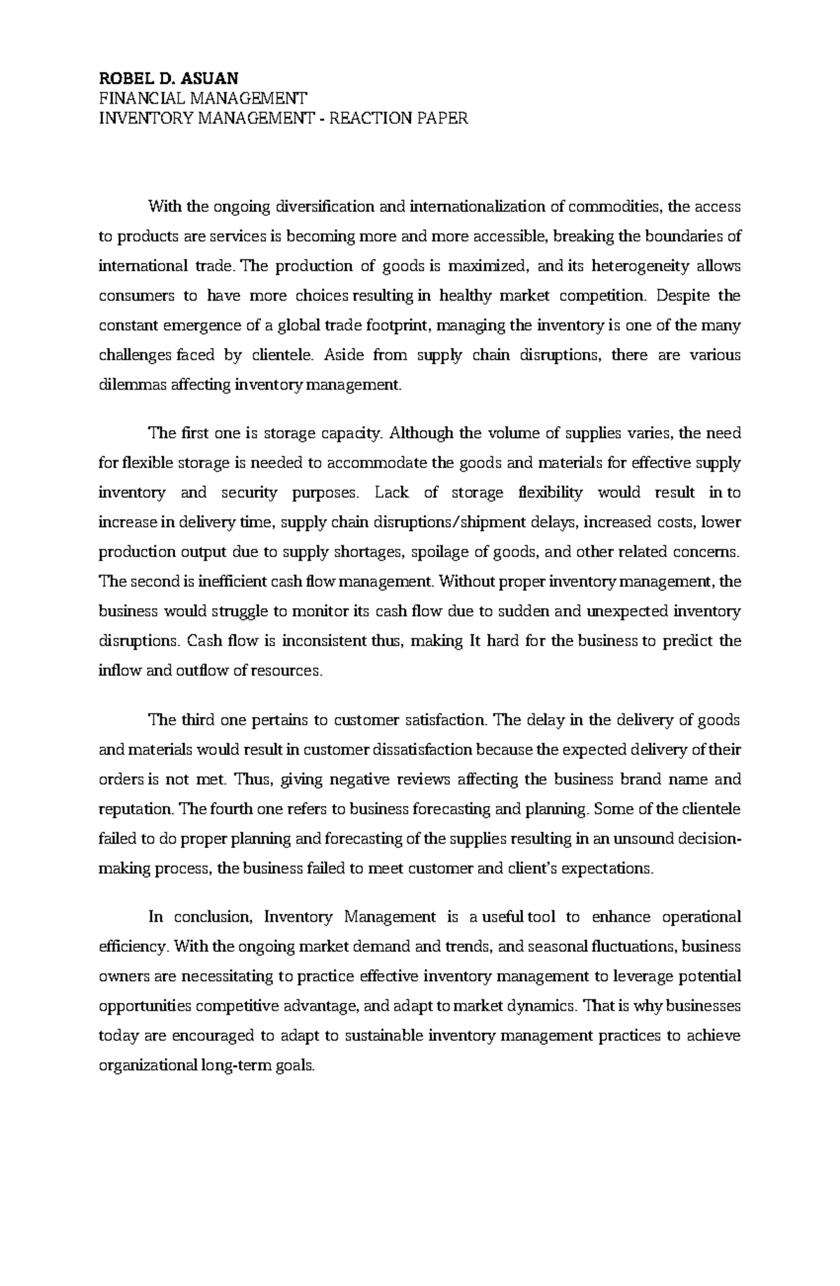 Accounts Receivable Management Reaction Paper - ROBEL D. ASUAN ...