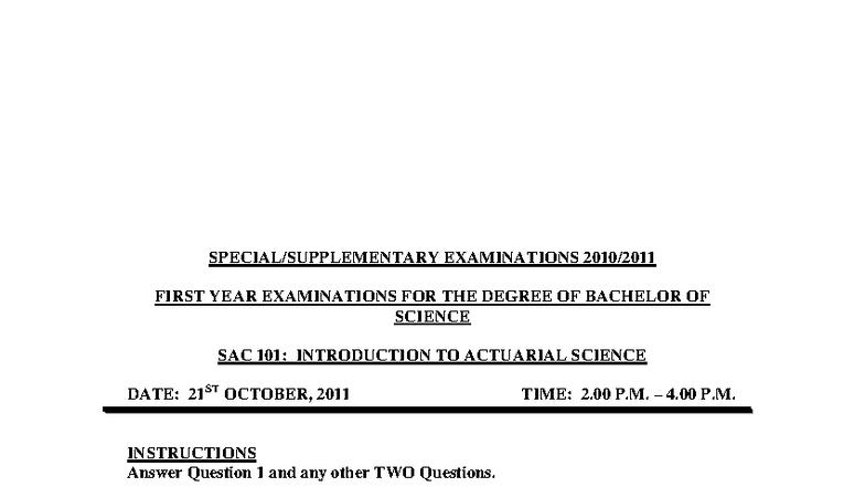 Paper 2 actuarial science - SPECIAL/SUPPLEMENTARY EXAMINATIONS 2010 ...