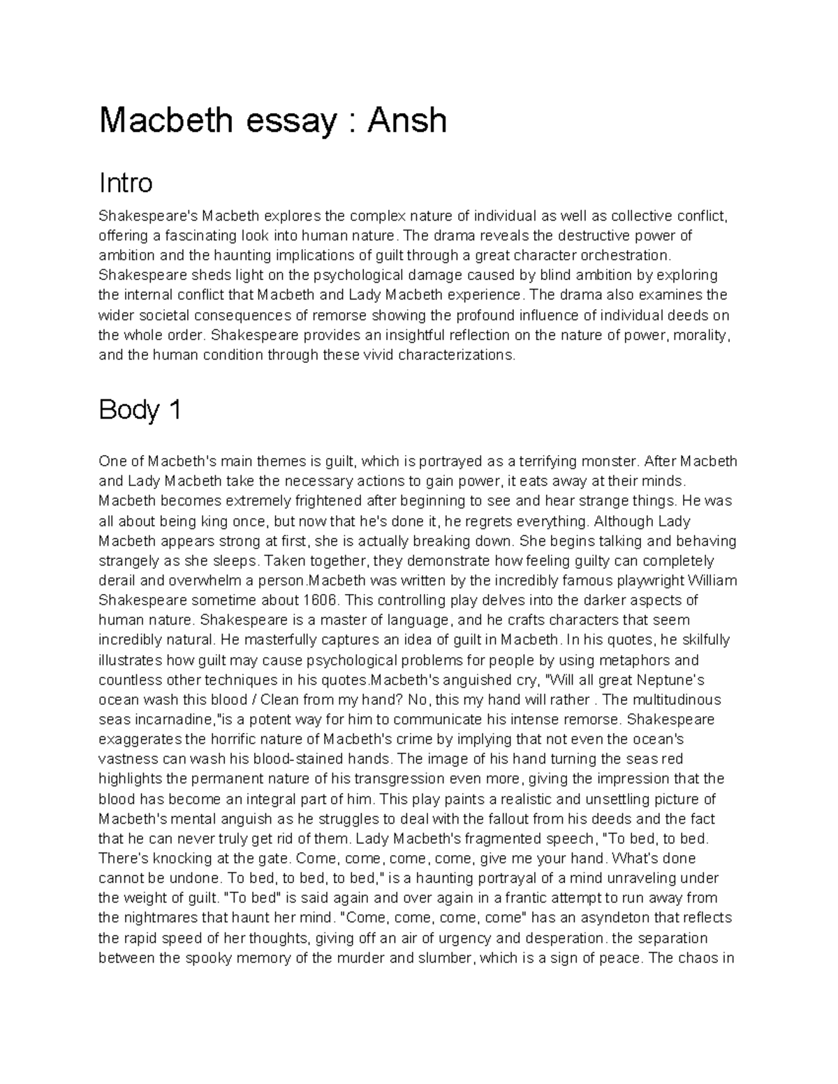Ansh Kapoor - Essay - Macbeth essay : Ansh Intro Shakespeare's Macbeth ...