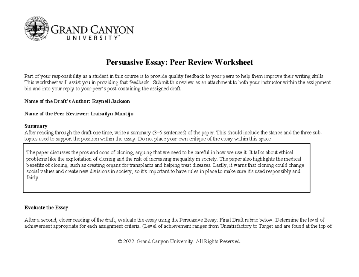 T-6 Peer Review Worksheet PHI105 - Persuasive Essay: Peer Review ...