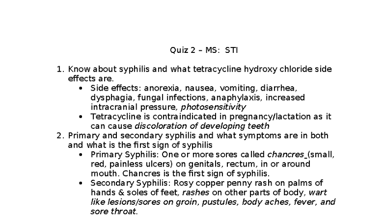 Quiz 2 STI Study Guide: Syphilis, Treatments, and Side Effects - Studocu