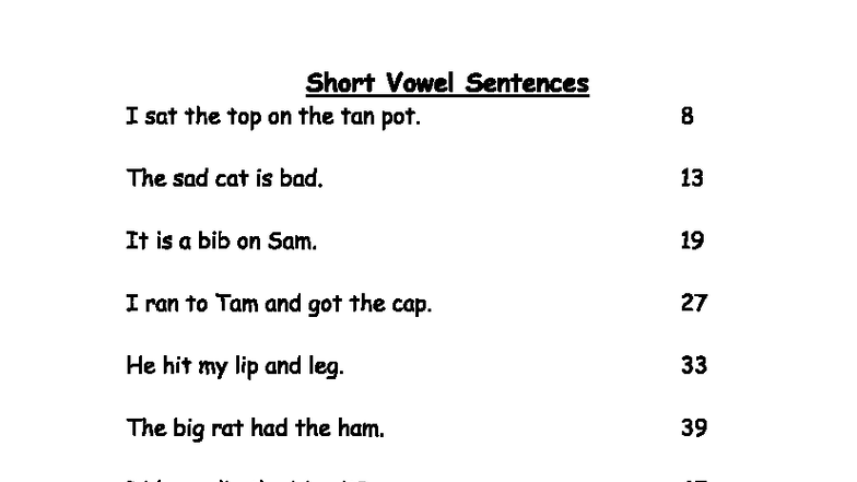 Short Vowel Sentences Reading Part 1 - Studocu