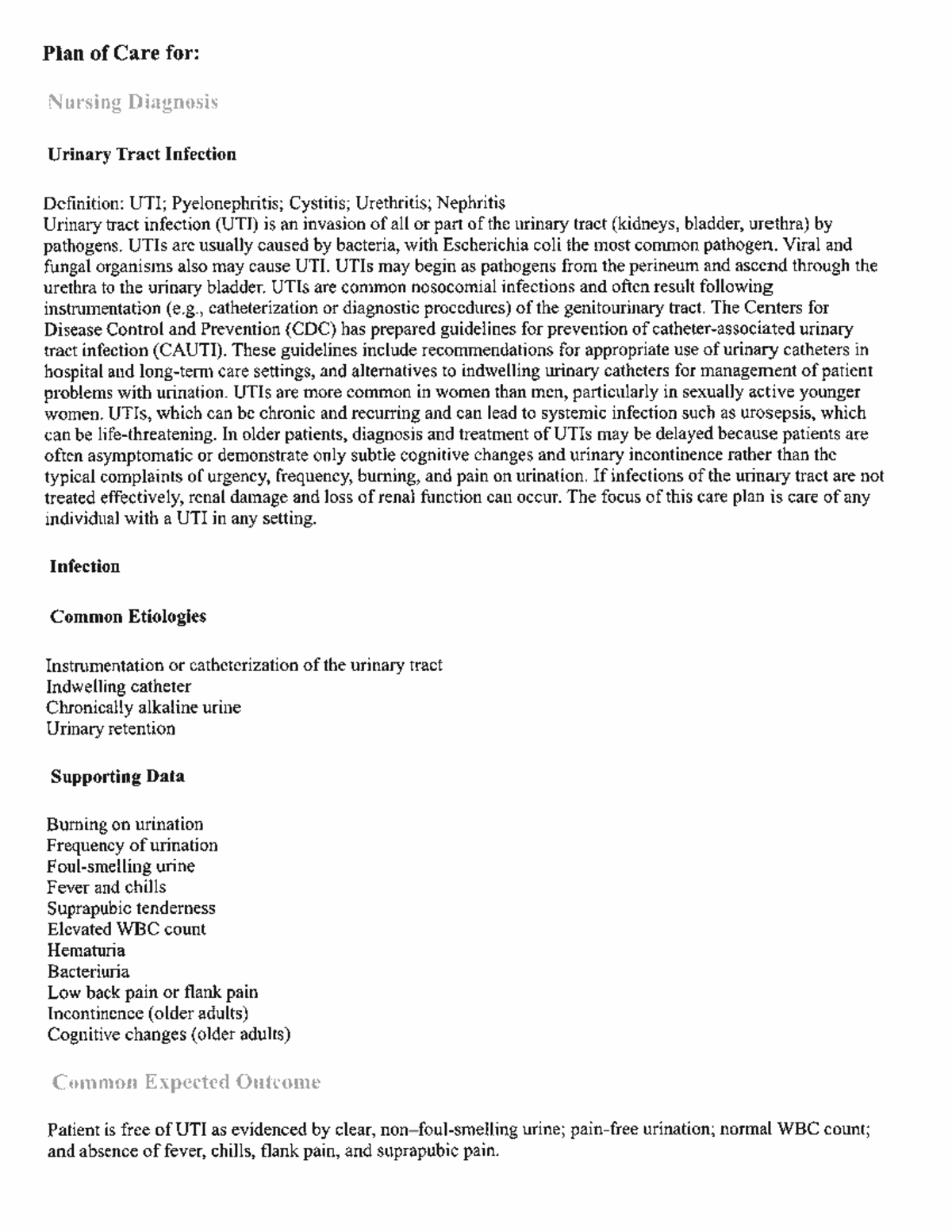 UTI Care Plan: Nursing Diagnosis & Management Strategies - Studocu