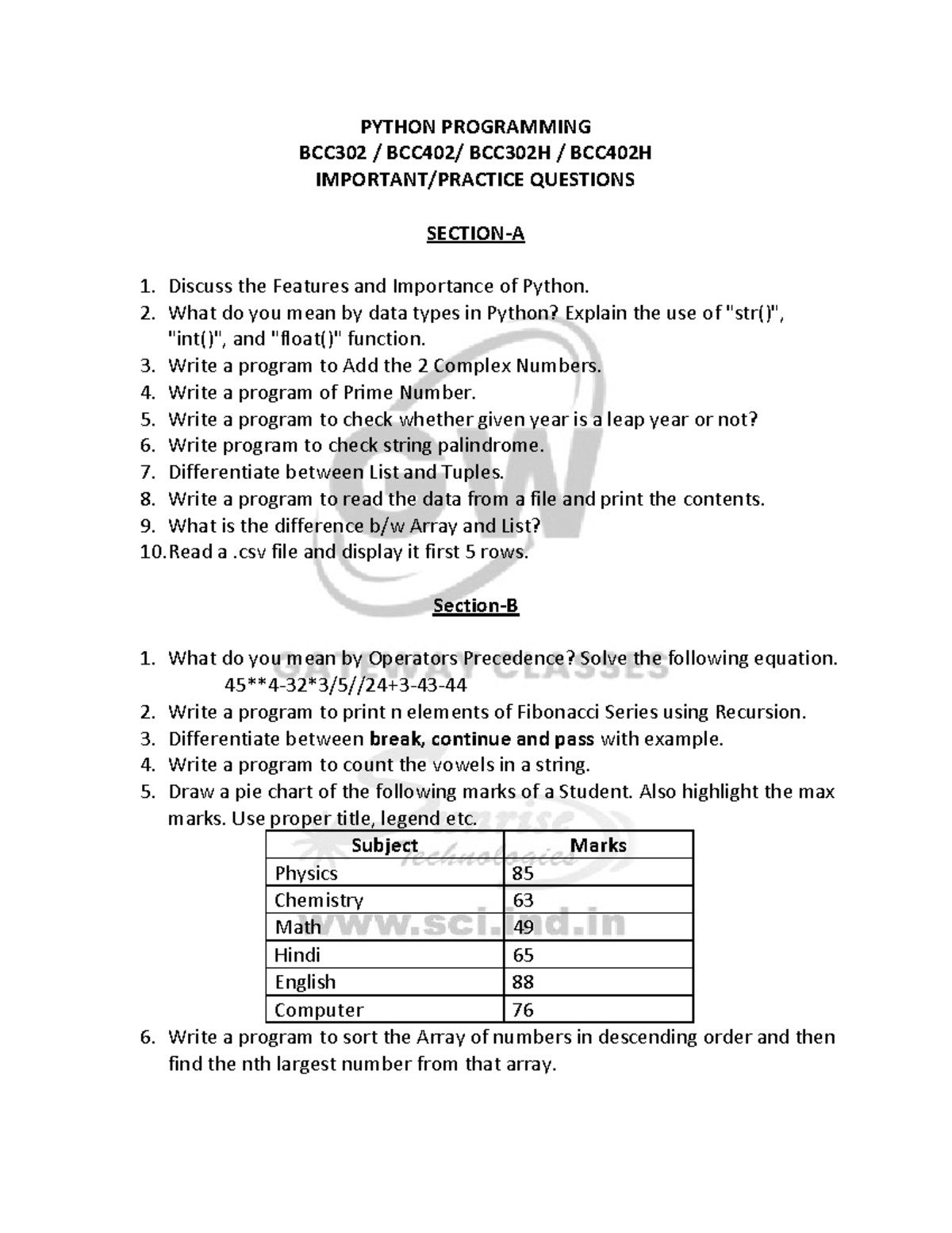 Python Programming Model Paper BCC302 BCC302H BCC402H Questions - Studocu