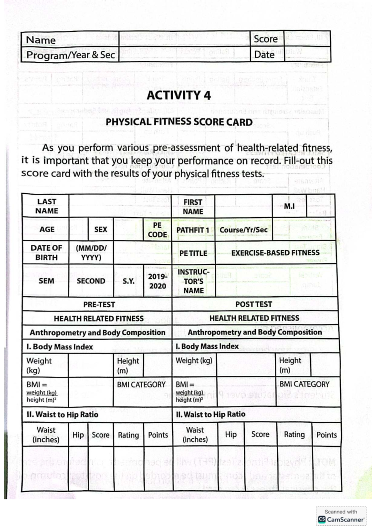 Physical Education Activity 4: Fitness Score Card - Studocu