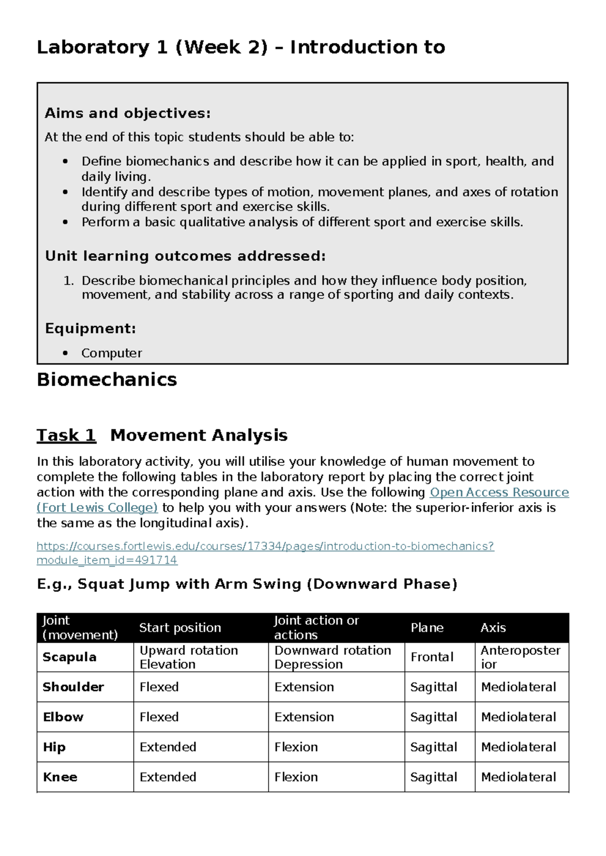 Practical 1 - Axes and Planes of Motion in Biomechanics (Lab 1) - Studocu