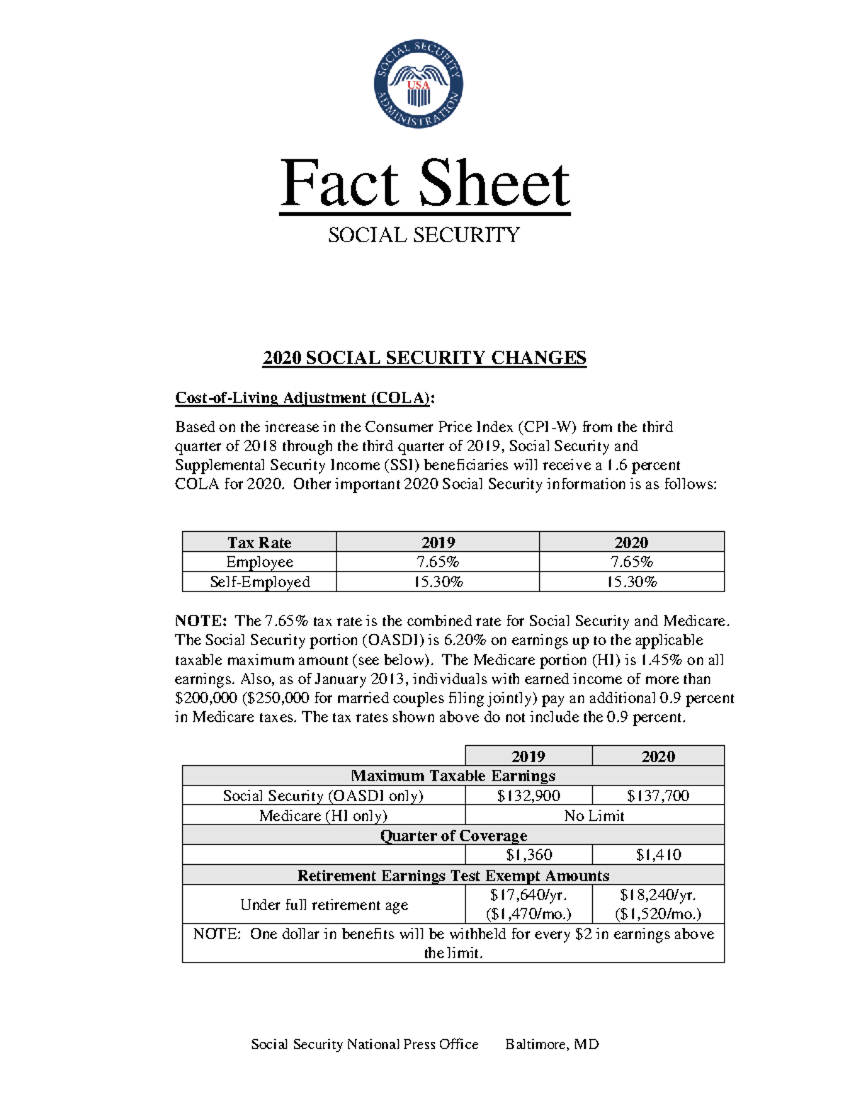 Colafacts 2020 - FACTS ABOUT COLA - Fact Sheet SOCIAL SECURITY Social ...