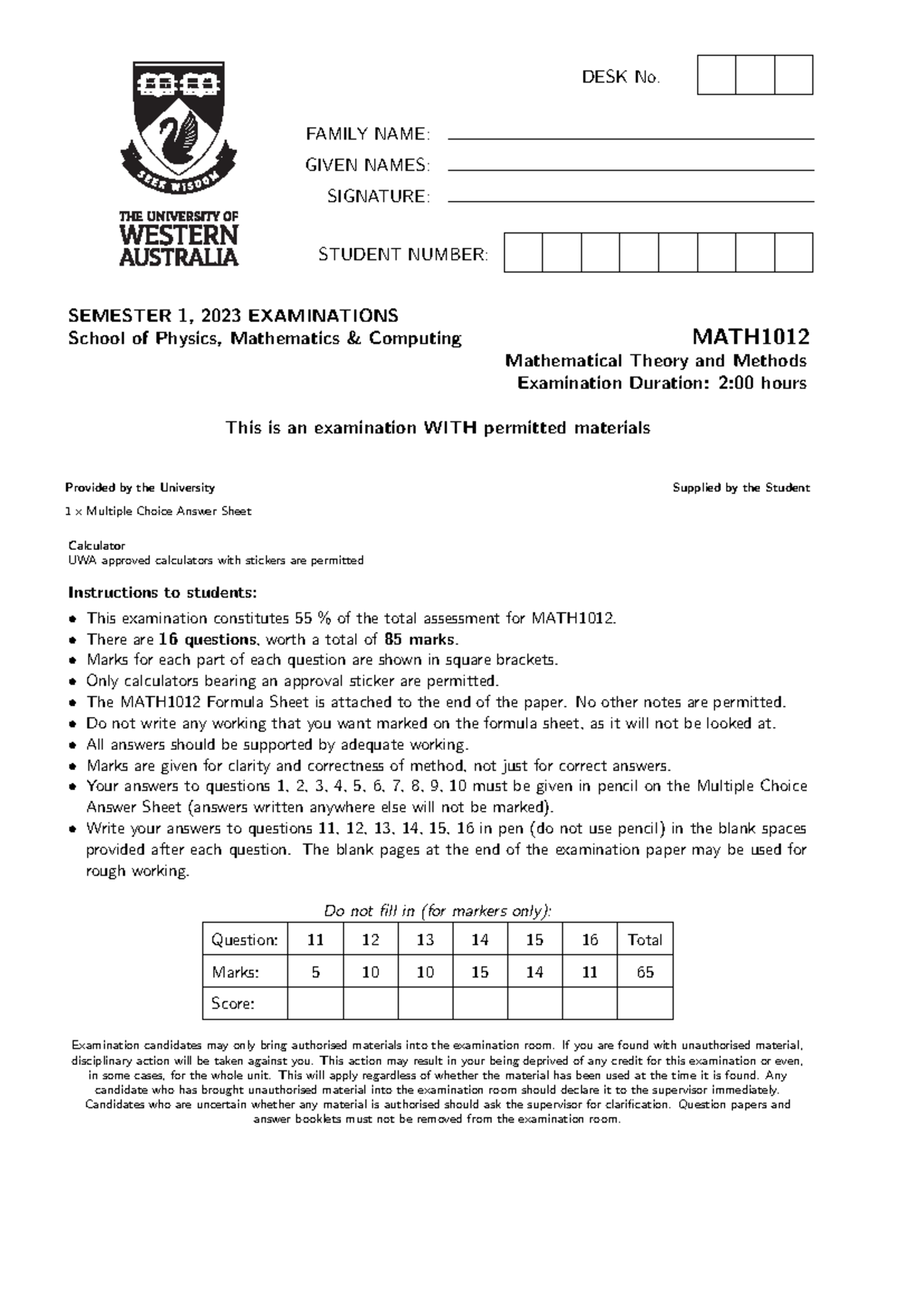 MATH1012 Final Exam 2023 Semester 1 - Mathematical Methods - Studocu