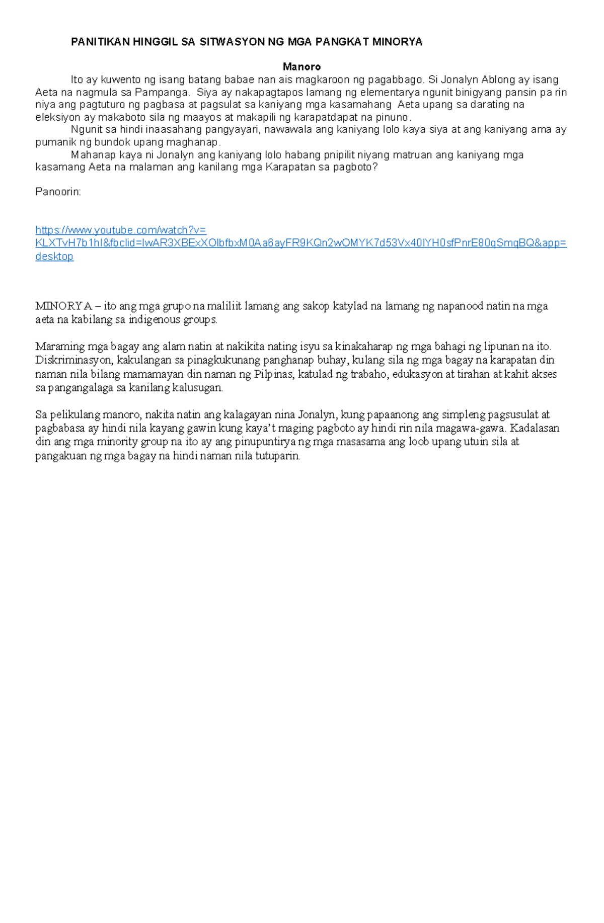 ANG Manoro - Sitwasyon ng mga Pangkata Minorya - Studocu
