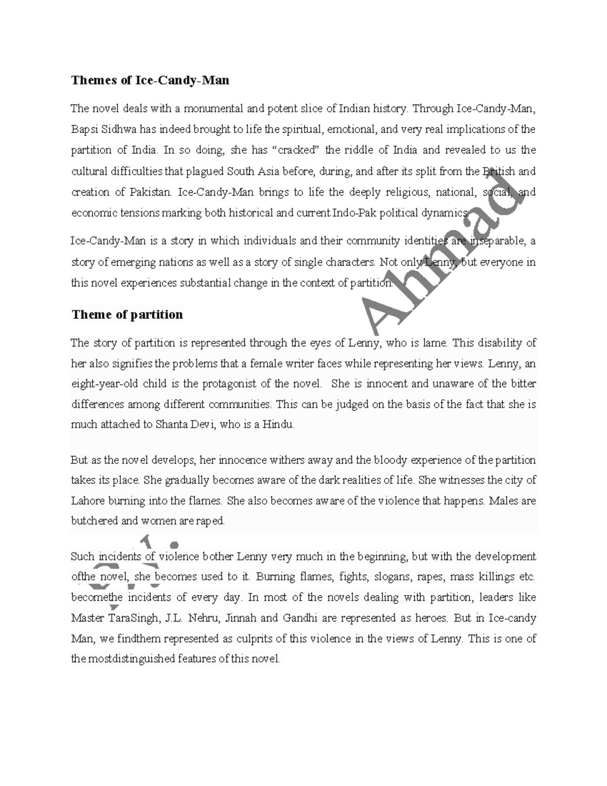 Themes of Ice-Candy-Man (ENG 101) - Analyzing Partition and Identity ...