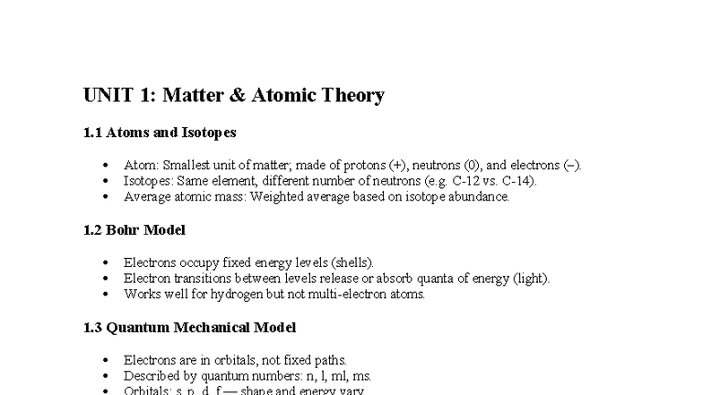 Chemistry 101: Unit 1-5 Study Guide on Matter, Organic Chem ...