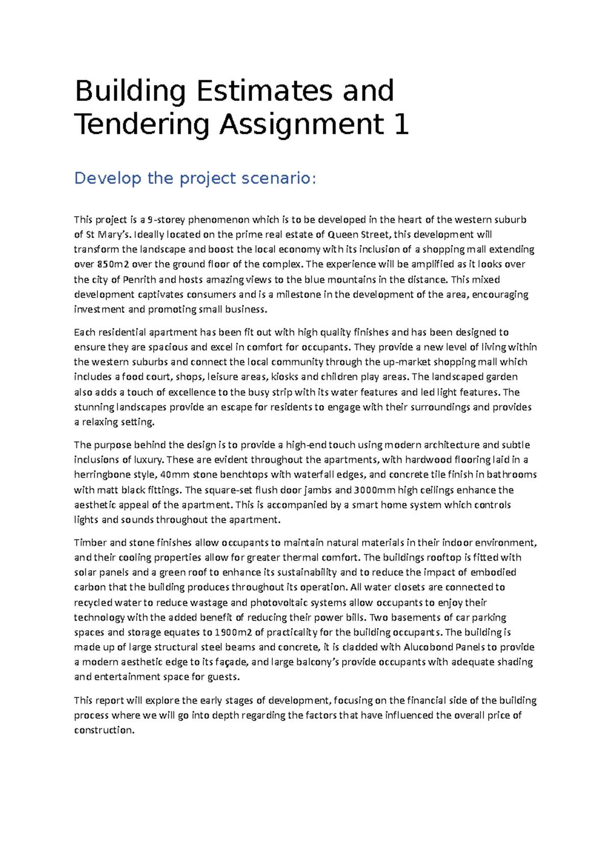Building Estimates & Tendering Assignment 1: Cost Estimation Methods ...