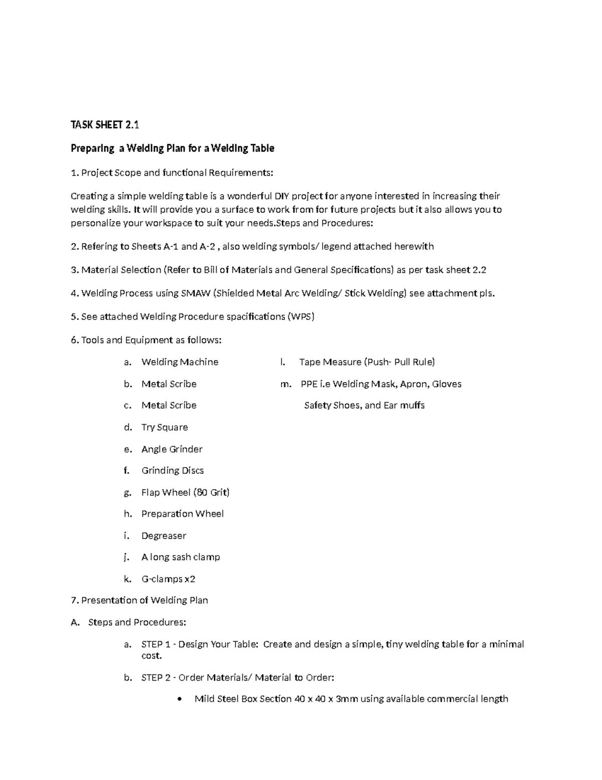 Welding Table Task Sheet 2.1: DIY Welding Plan Guide - Studocu