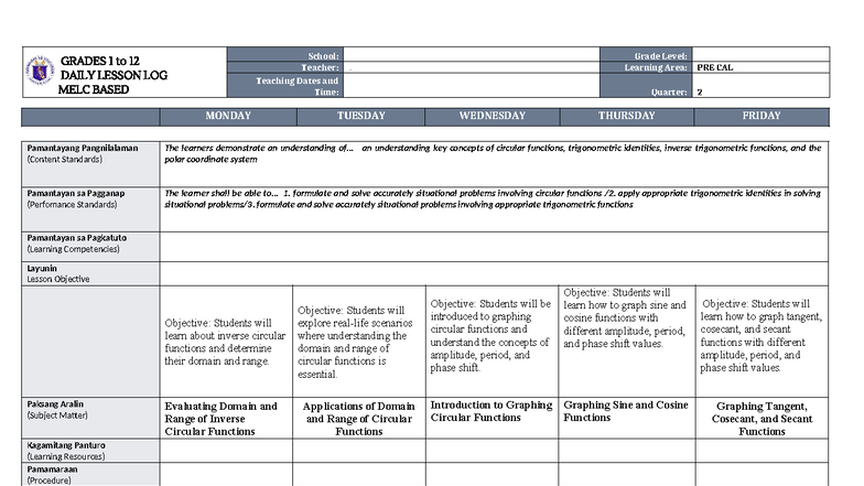 WEEK 9 - DAILY LESSON LOG (DLL) FOR GRADE 9: CIRCULAR FUNCTIONS - Studocu