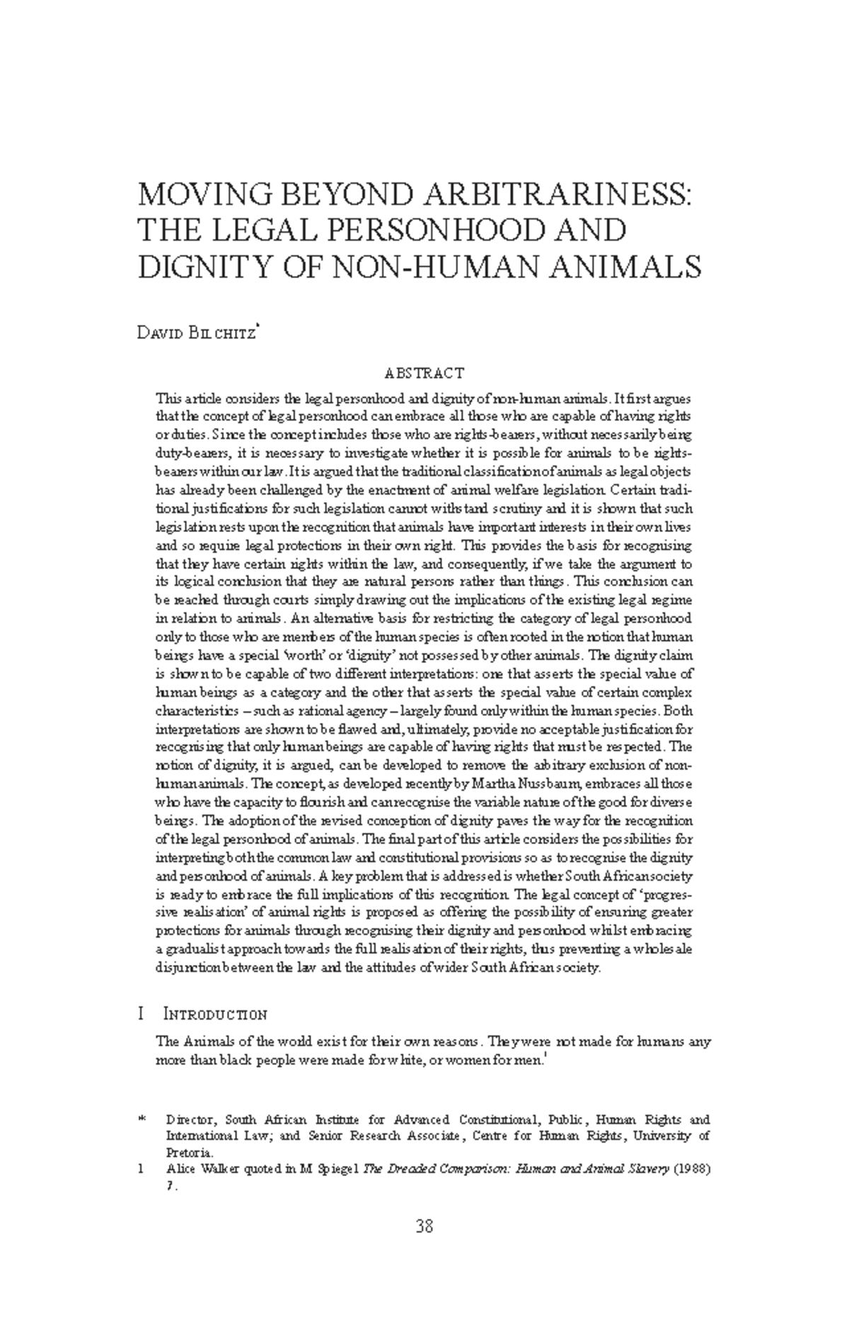 DB - Legal Personhood and Dignity of Animals: A Critical Analysis - Studocu