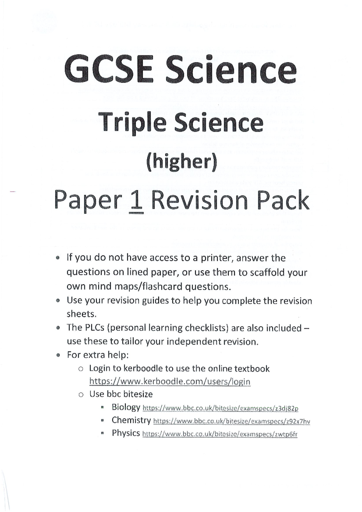 Year 11 Tri Sci Higher Revision Pack 1 for Exams - Studocu