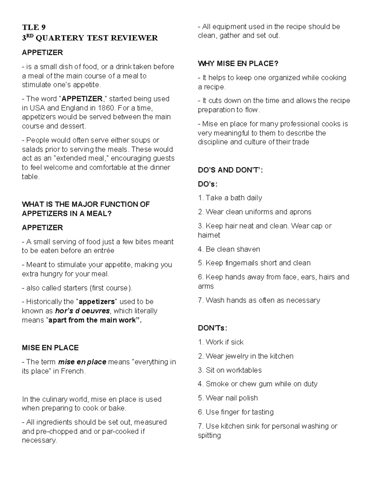 TLE 9 3RD QUARTER TEST REVIEWER: Appetizers & Mise en Place - Studocu