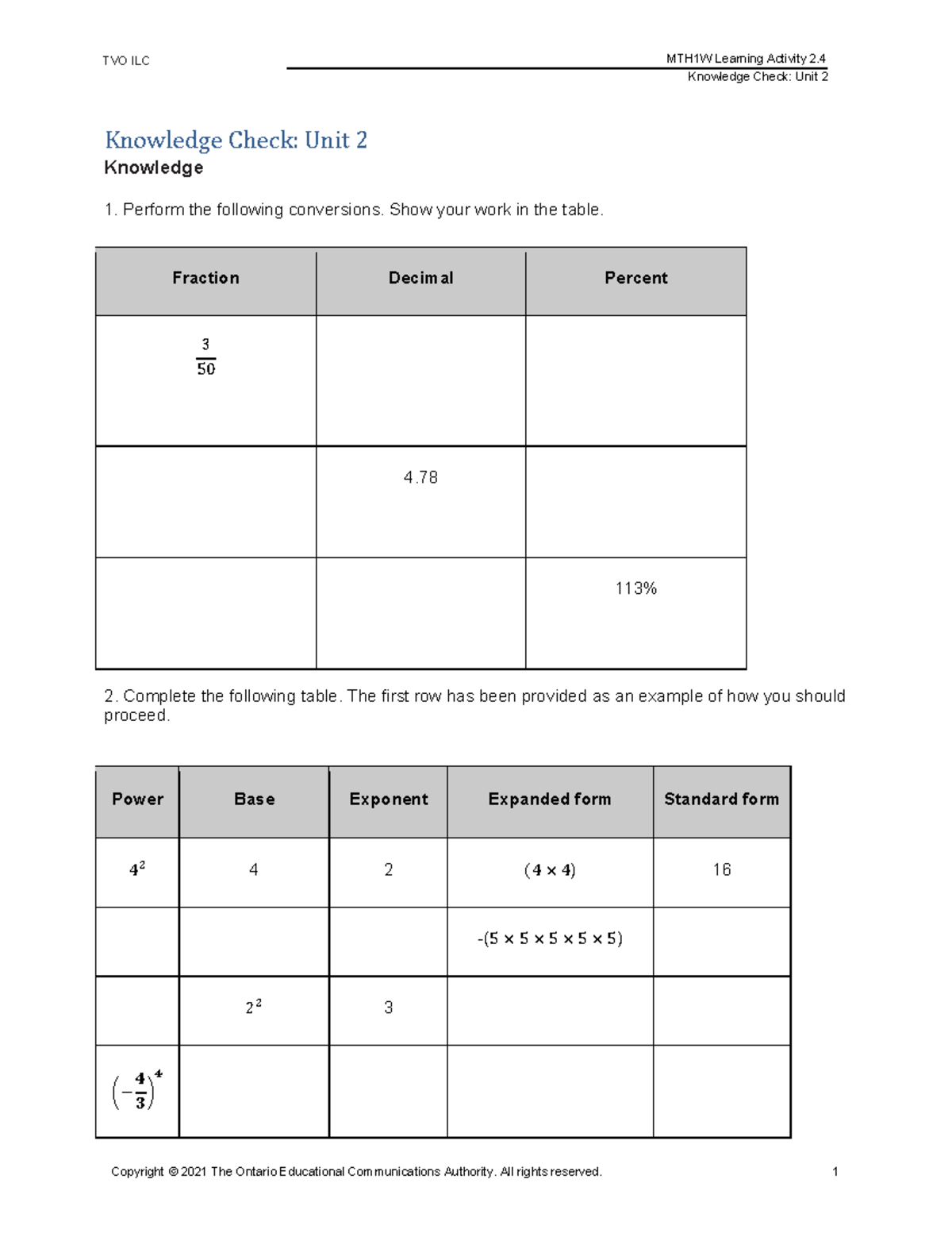 MTH1W Knowledge Check: Unit 2 - Learning Activity 2.4 Assessment - Studocu