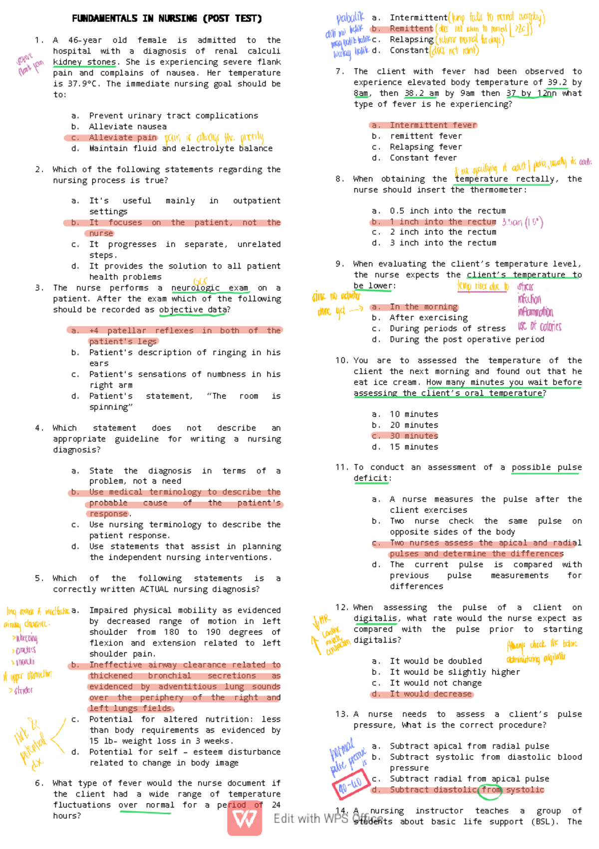 Fundamentals in Nursing: Post Test Review and Practice Questions - Studocu