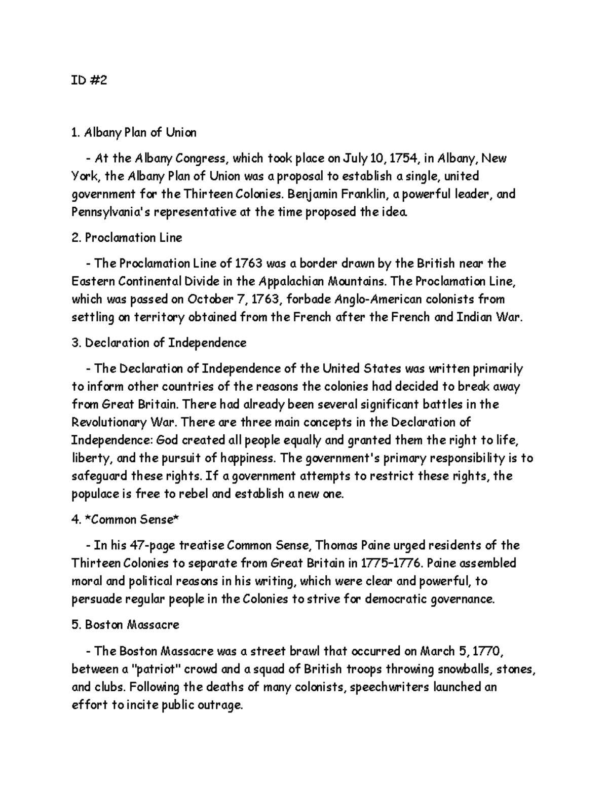 ID #2 - IDs - ID Albany Plan of Union At the Albany Congress, which ...