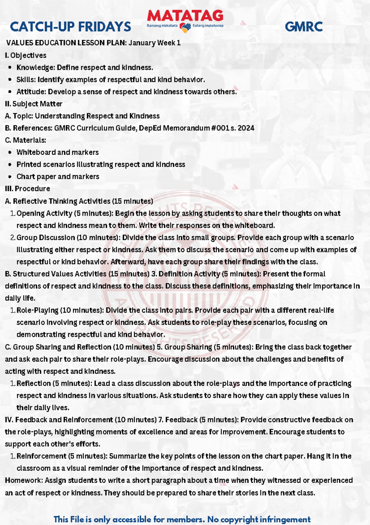 VALUES EDUCATION LESSON PLAN: GMRC Grade 5 Weeks 1-4 & Feb-March 2024 ...