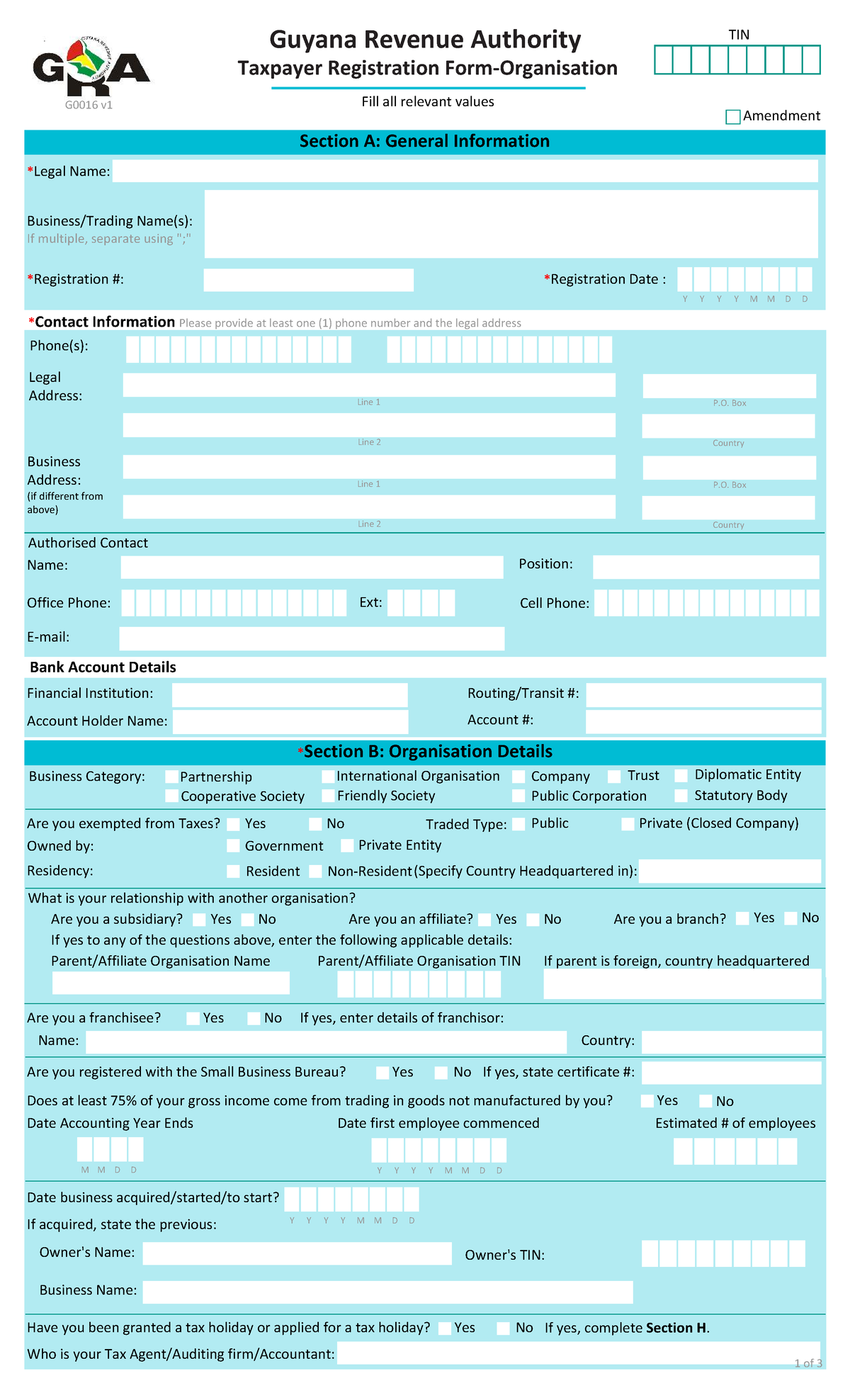 G0016 Taxpayer Registration Form for Organizations v1 - Studocu