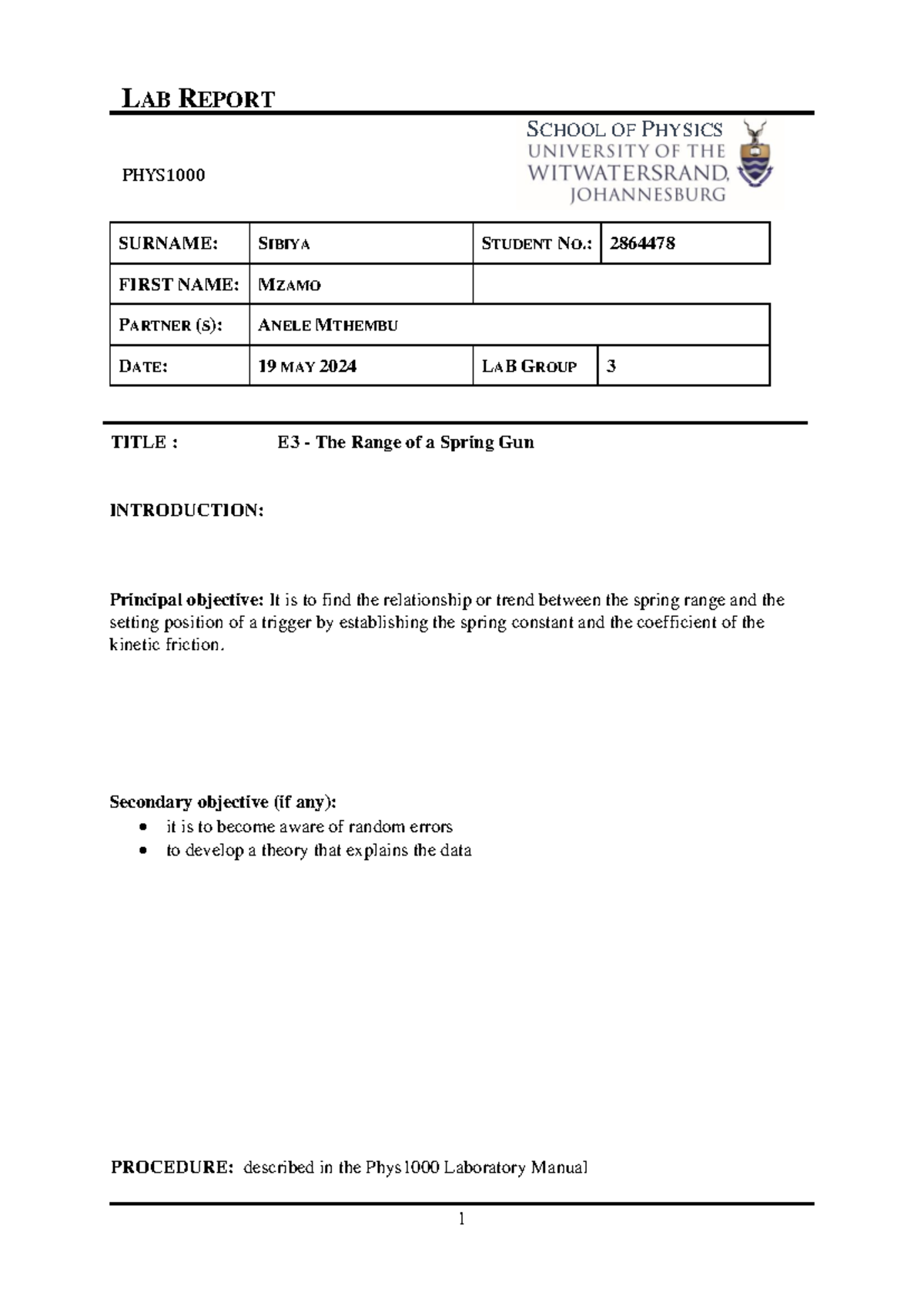 EXP03 - Lab Report on Spring Gun Range Analysis - Studocu