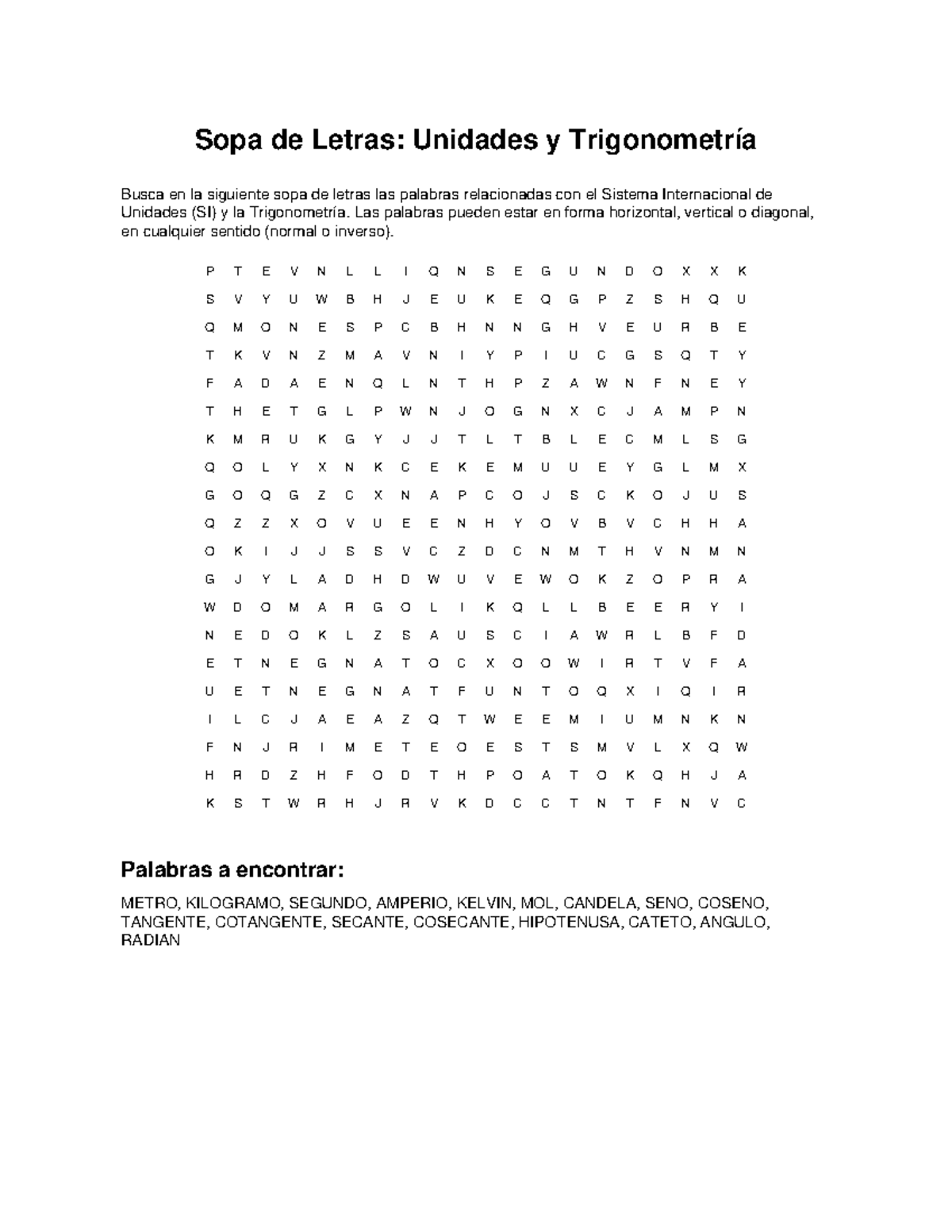 Sopa de Letras: Unidades y Trigonometría (SOP 101) - Studocu