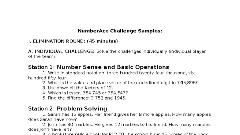 NumberAce Challenge Samples: I. ELIMINATION ROUND (Math Race 2) - Studocu