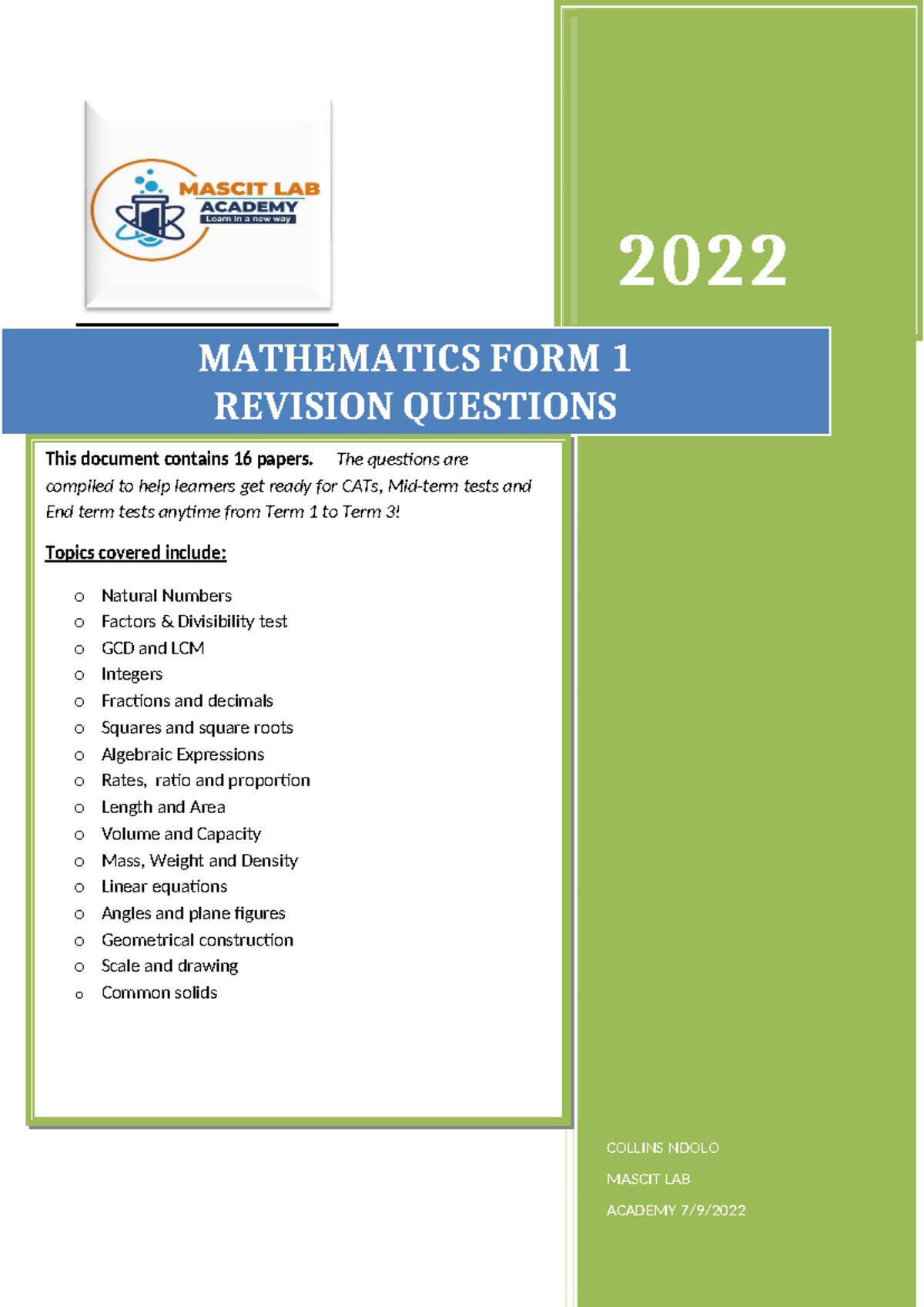 Mathematics F1 Midterm Revision Questions: 16 Practice Papers - Studocu