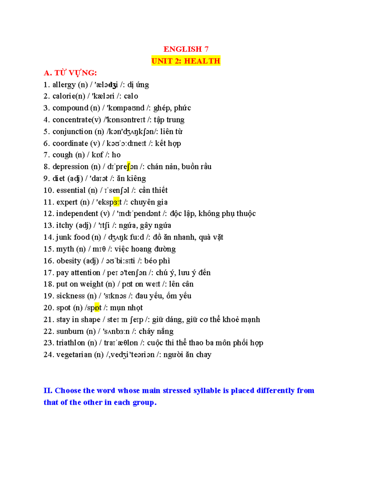 ENGLISH 7 UNIT 2: HEALTH - Vocabulary & Exercises - Studocu