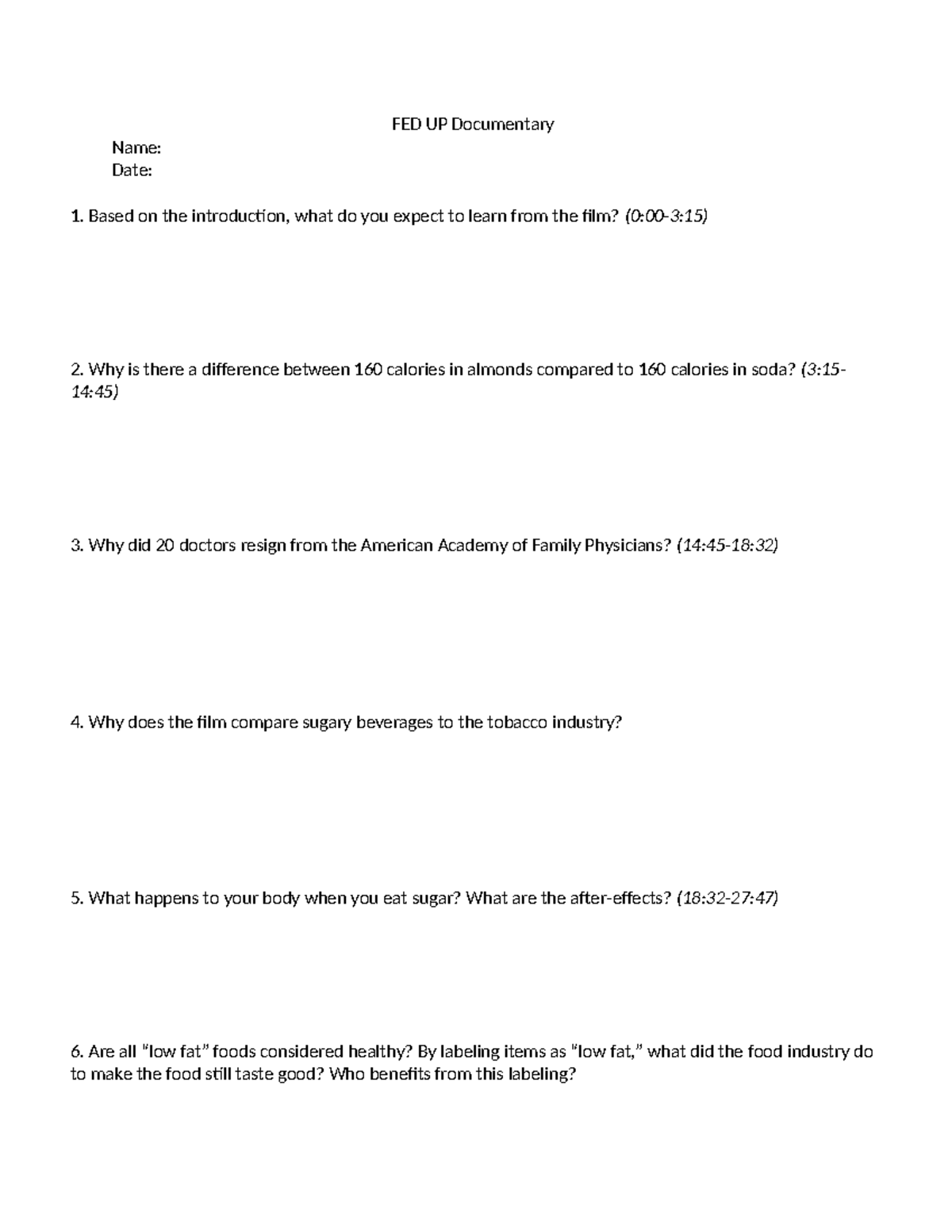 FED UP Documentary - Worksheet for Discussion Questions - Studocu