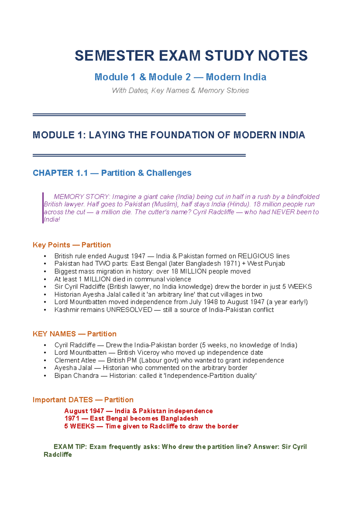 Semester Exam Study Notes: Modern India - Key Events & Figures - Studocu