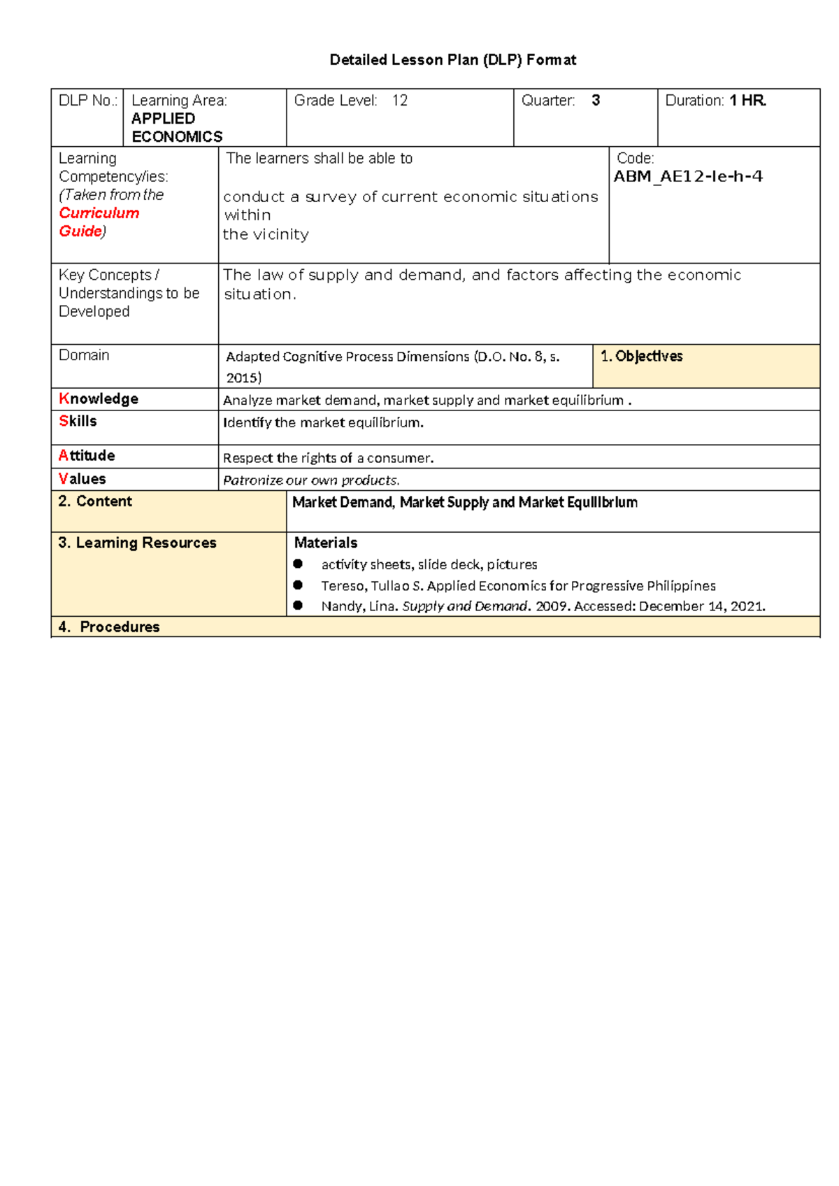 DLP: Lesson Plan on Market Structure in Applied Economics 12 - Studocu