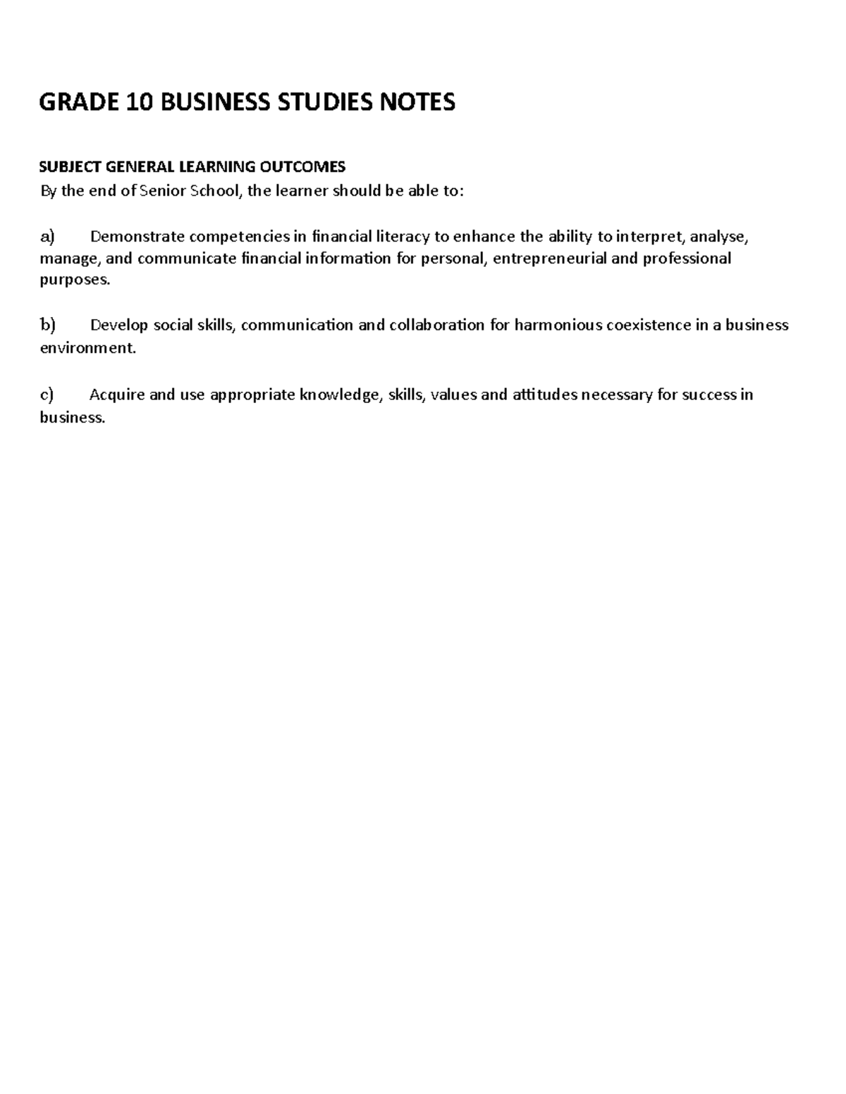 Grade 10 Business Studies Notes: General Learning Outcomes Overview ...