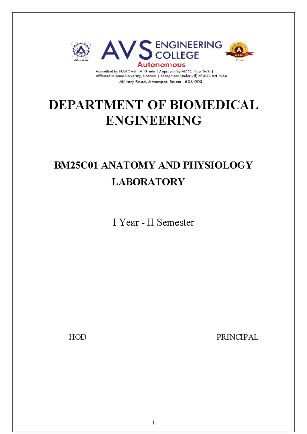 BM25C01 - Anatomy & Physiology Lab Manual for Year II Semester - Studocu