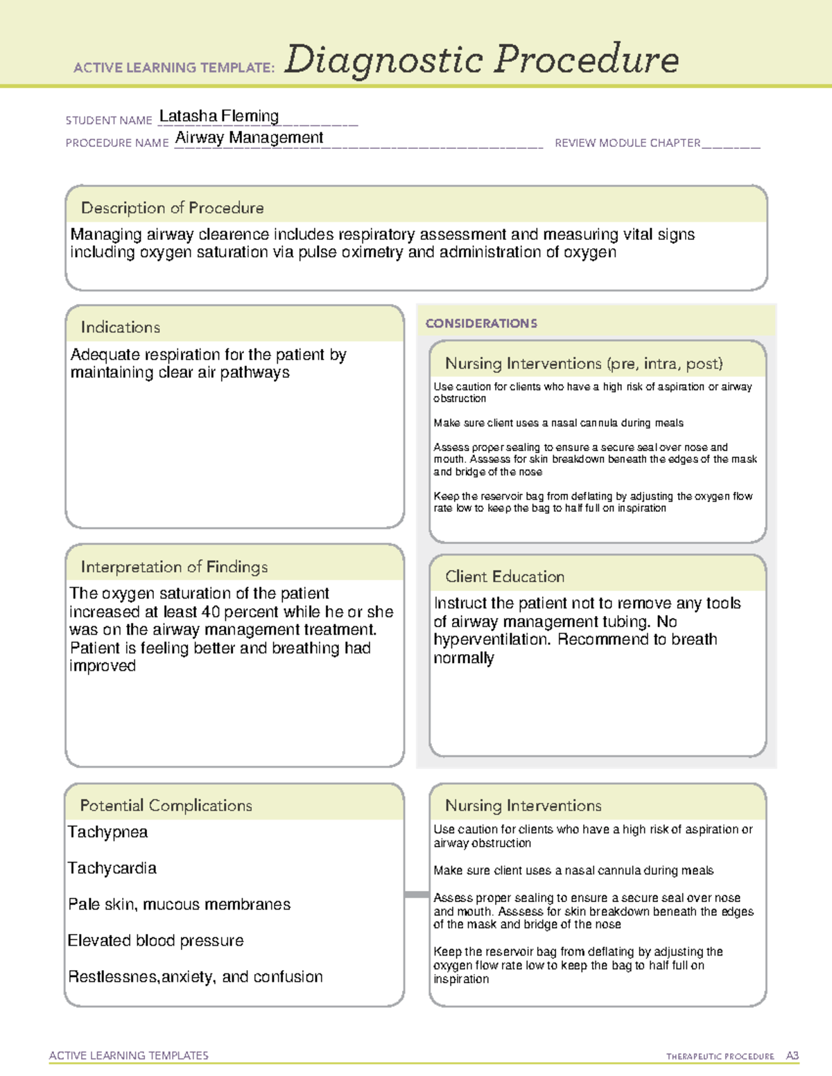 ALT Airway Management: Diagnostic Procedure Evaluation Template - Studocu