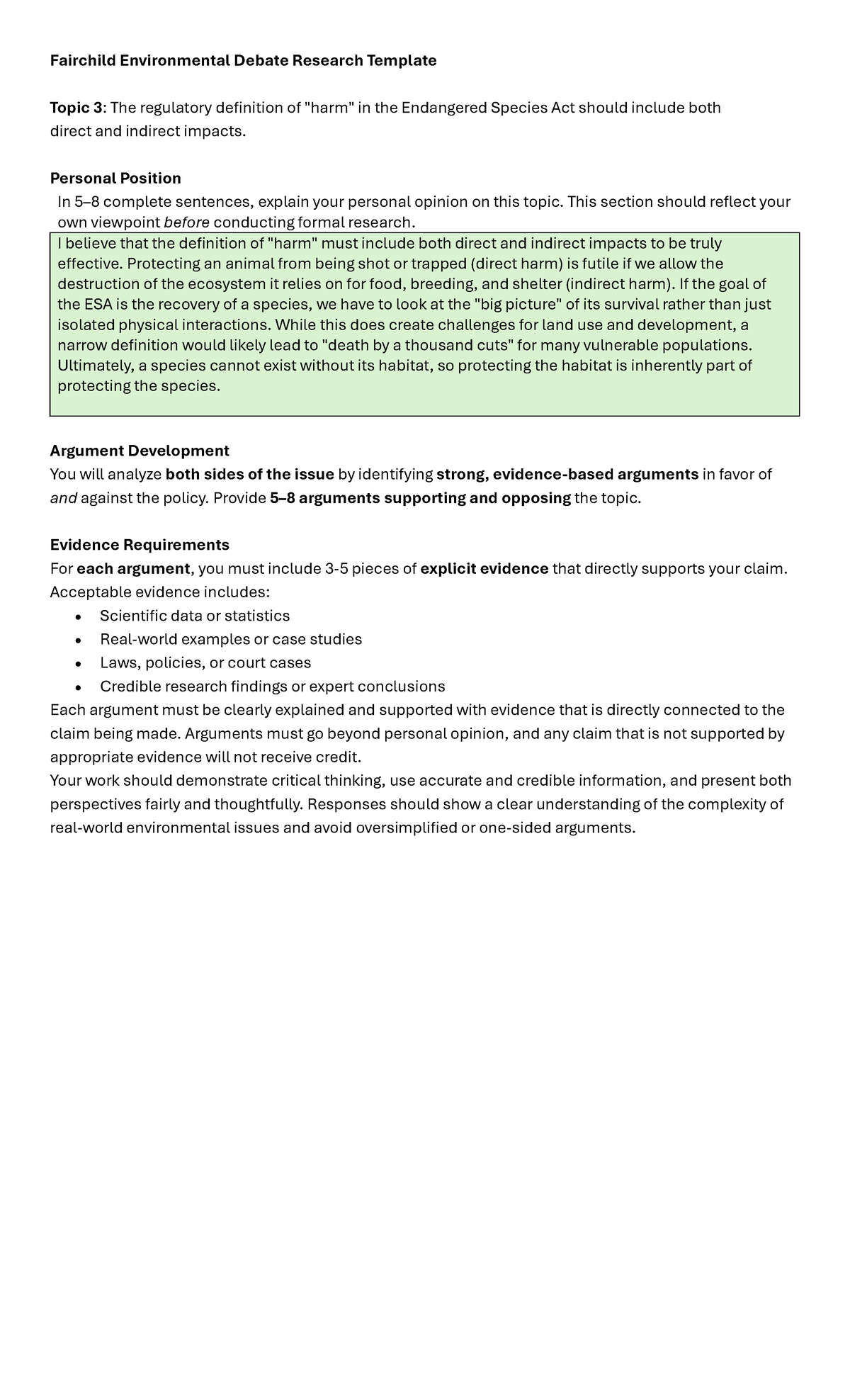 Fairchild Environmental Debate Research Template T3: ESA Impacts ...