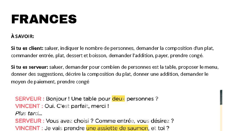 FRANCES 101: Présentation orale sur aller au restaurant - Studocu