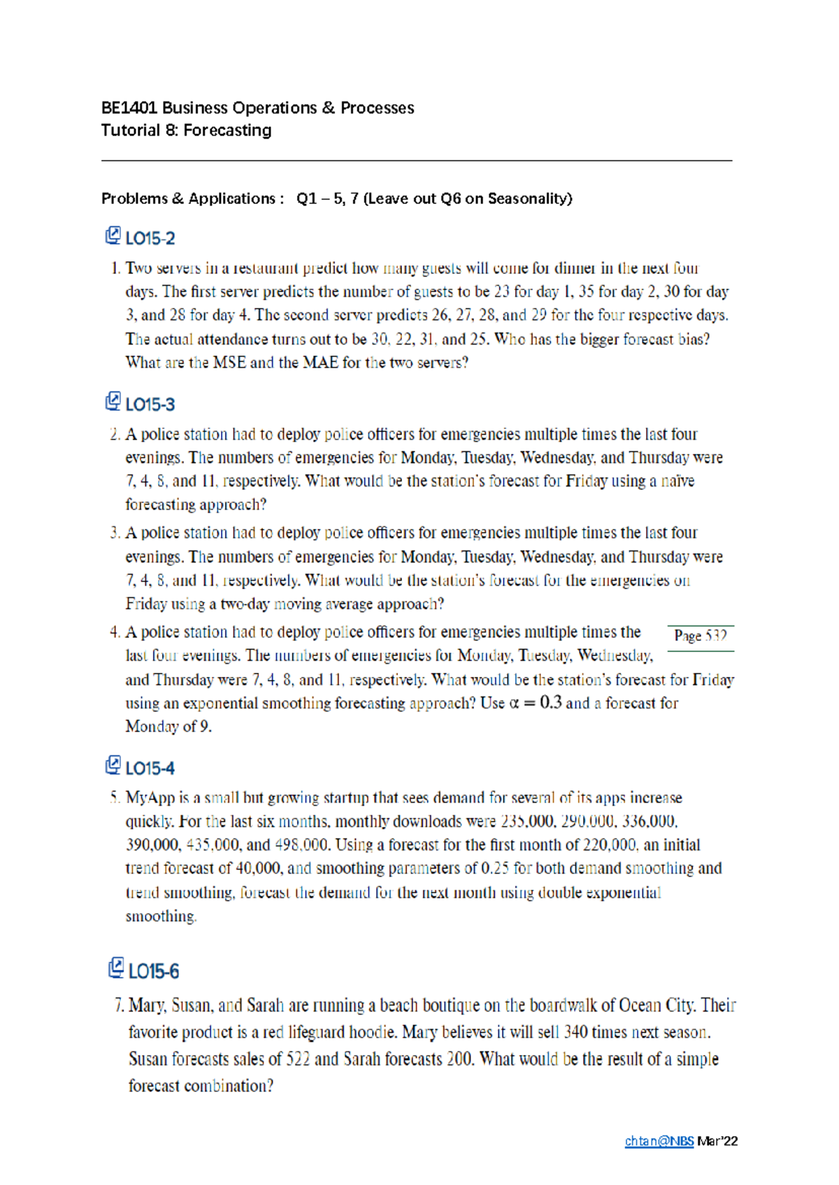 Week 8 Tutorial Questions - chtan@NBS Mar’2 2 BE1401 Business ...