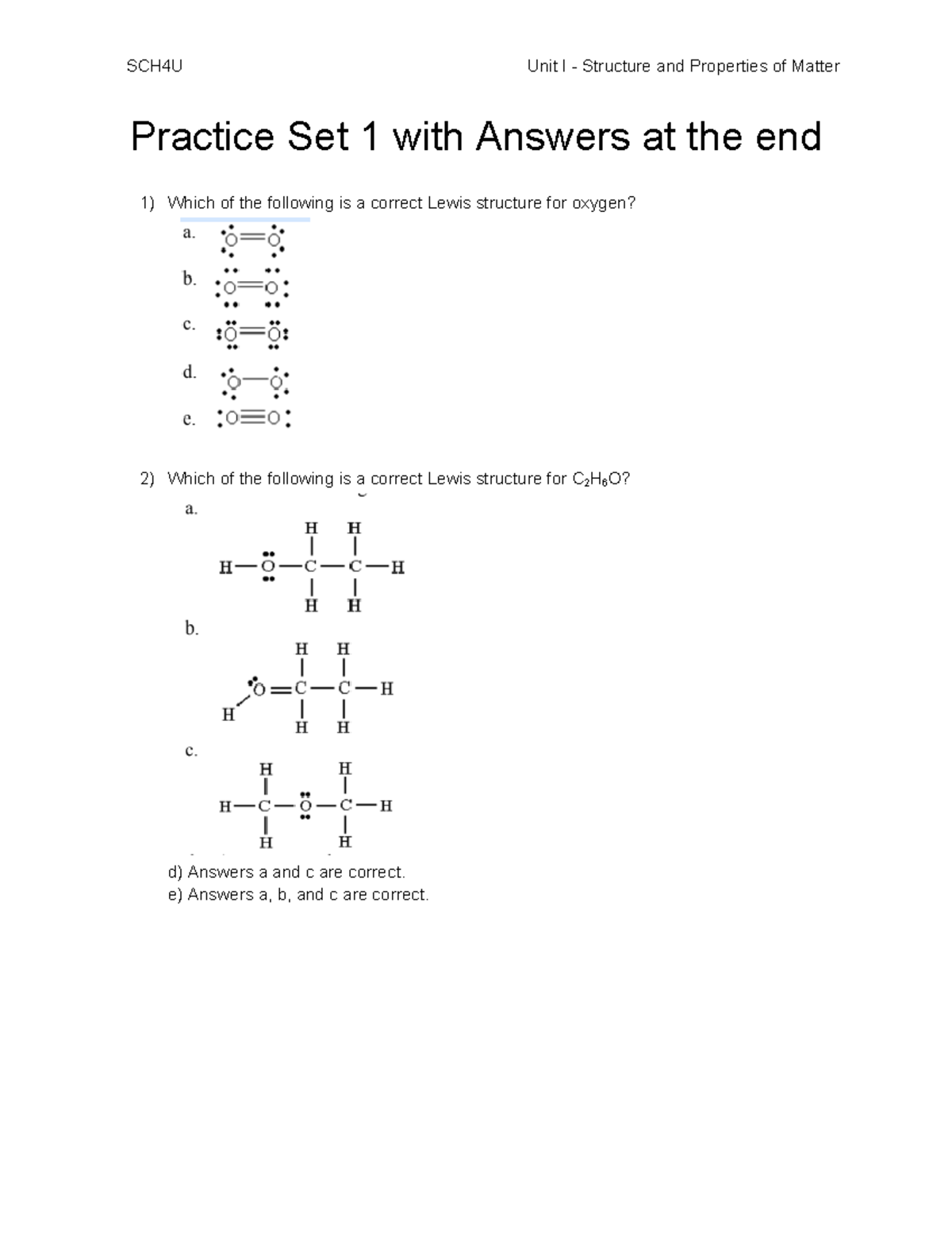 Unit I: Structure and Properties of Matter - Practice Set 1 Answers ...