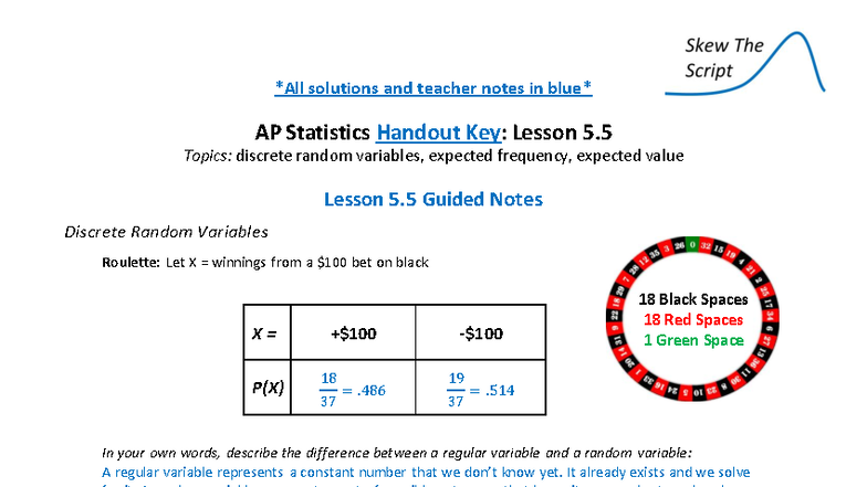 AP Statistics (5.5) Guided Notes: Discrete Random Variables & Expected ...