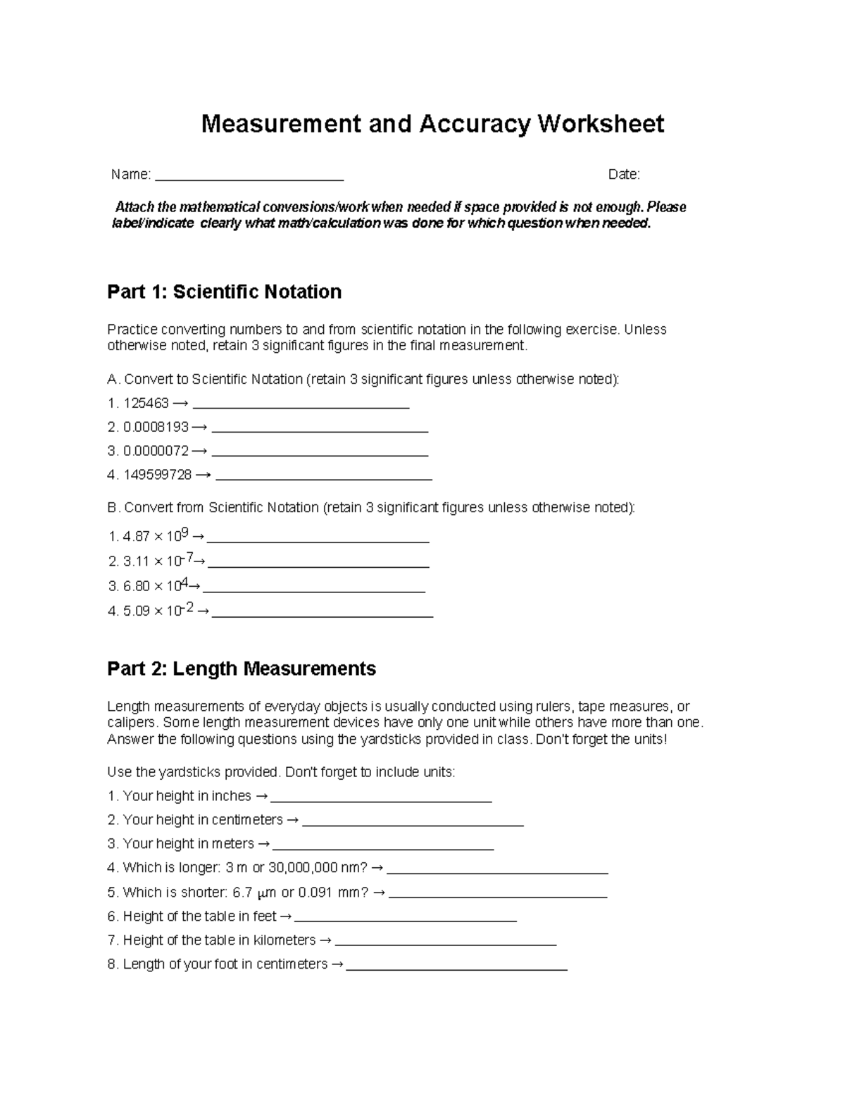 Lab1 Measurement and Accuracy Worksheet: Scientific Notation ...