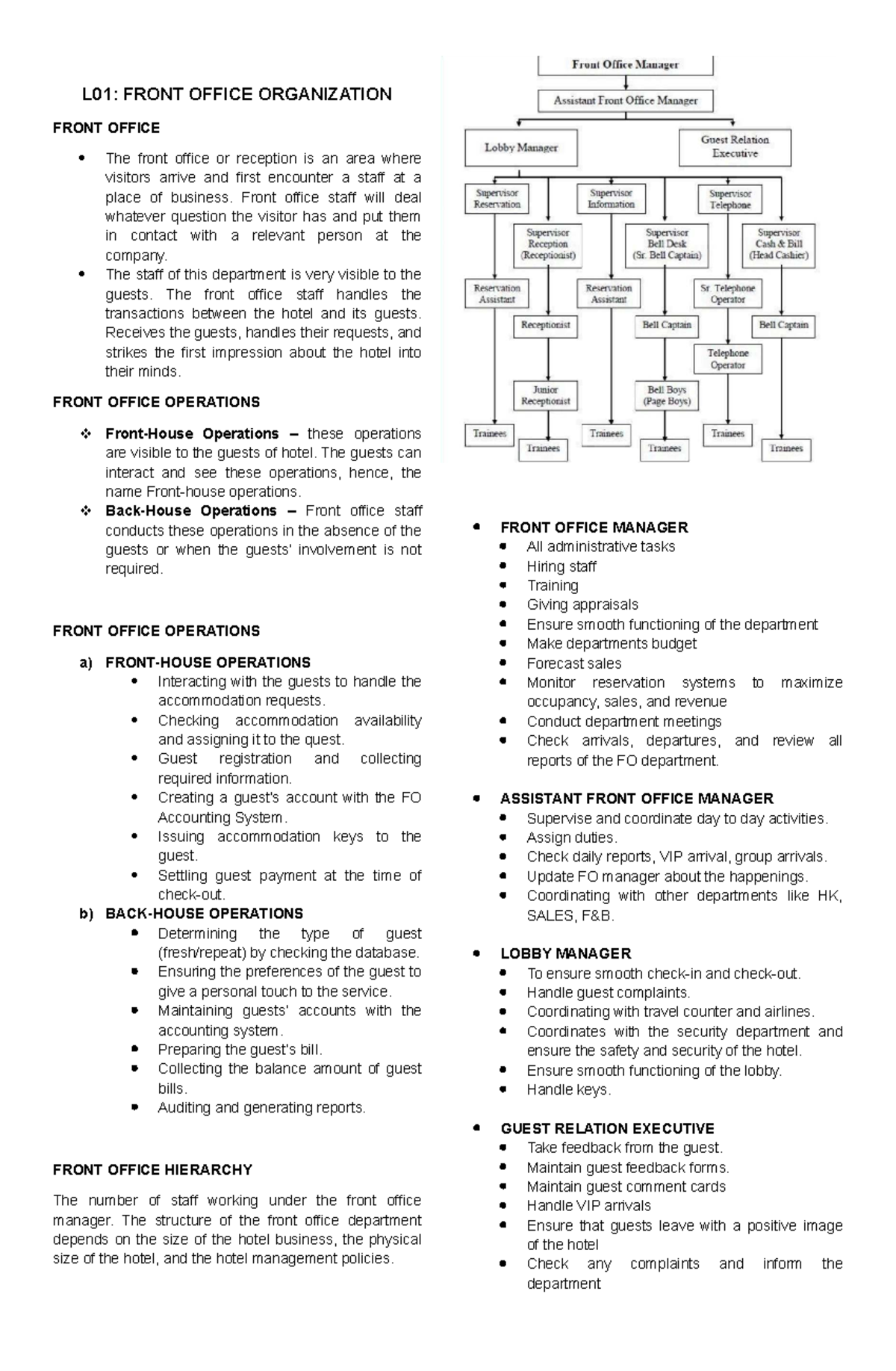 L01: Front Office Organization Lecture Notes - Studocu
